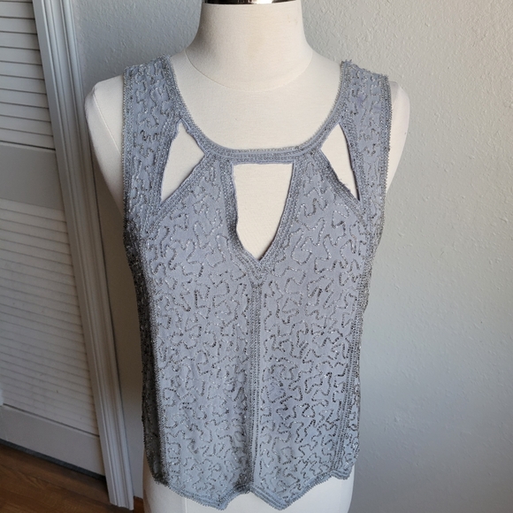 Topshop | Tops | Topshop Blue Grey Cutout Zigzag Hem Scoop Back Beaded ...
